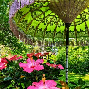 Fringe Patio Umbrella – Lime Green Hand-painted Balinese Parasol With ...