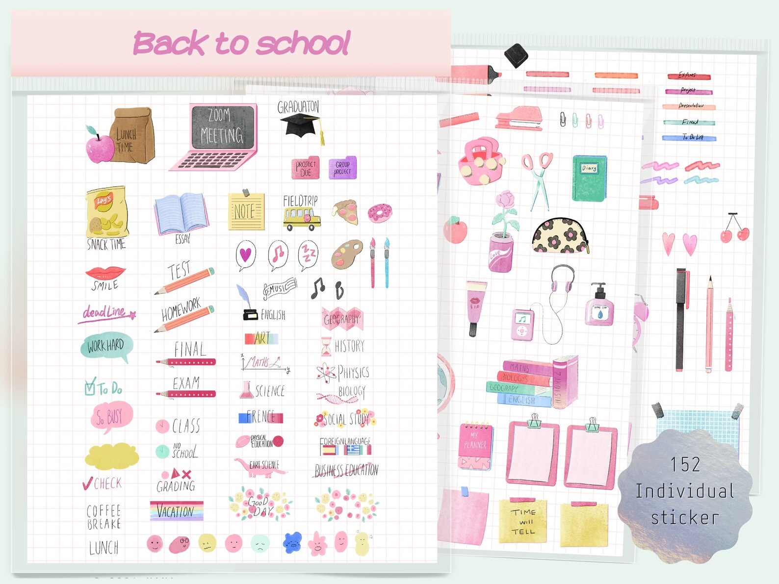 Back to School Pink Digital Sticker School Stickers College Stickers ...