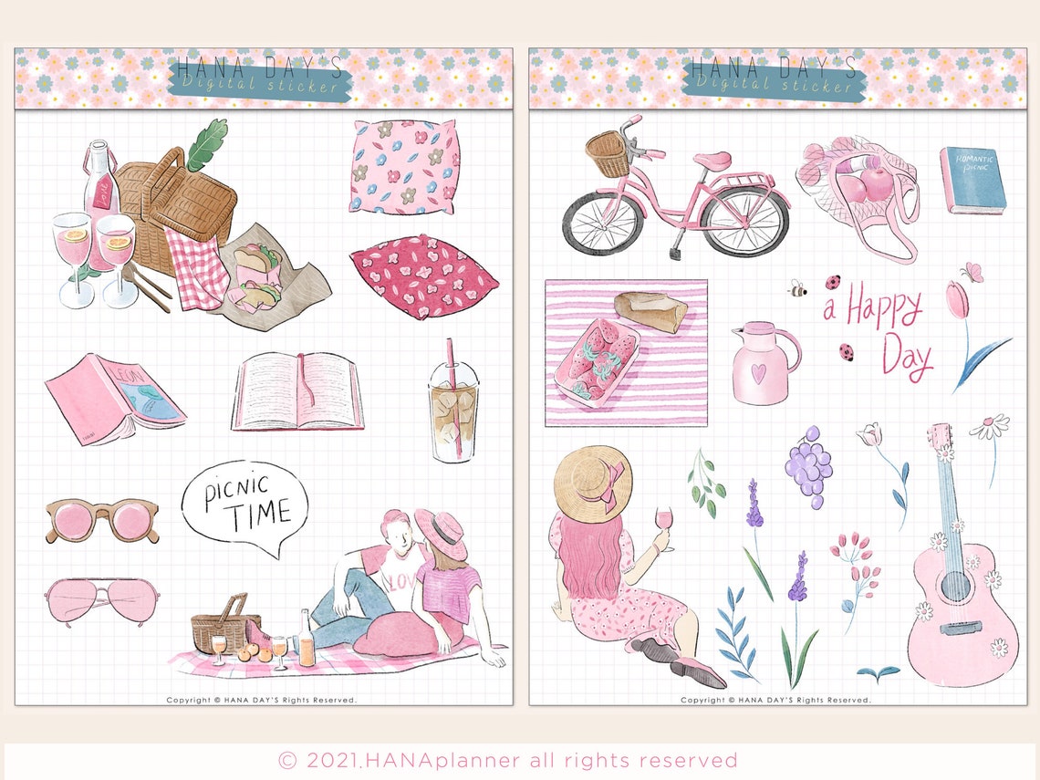 Romantic Picnic Stickers spring Picnic Sticker Sheet Digital Planner ...