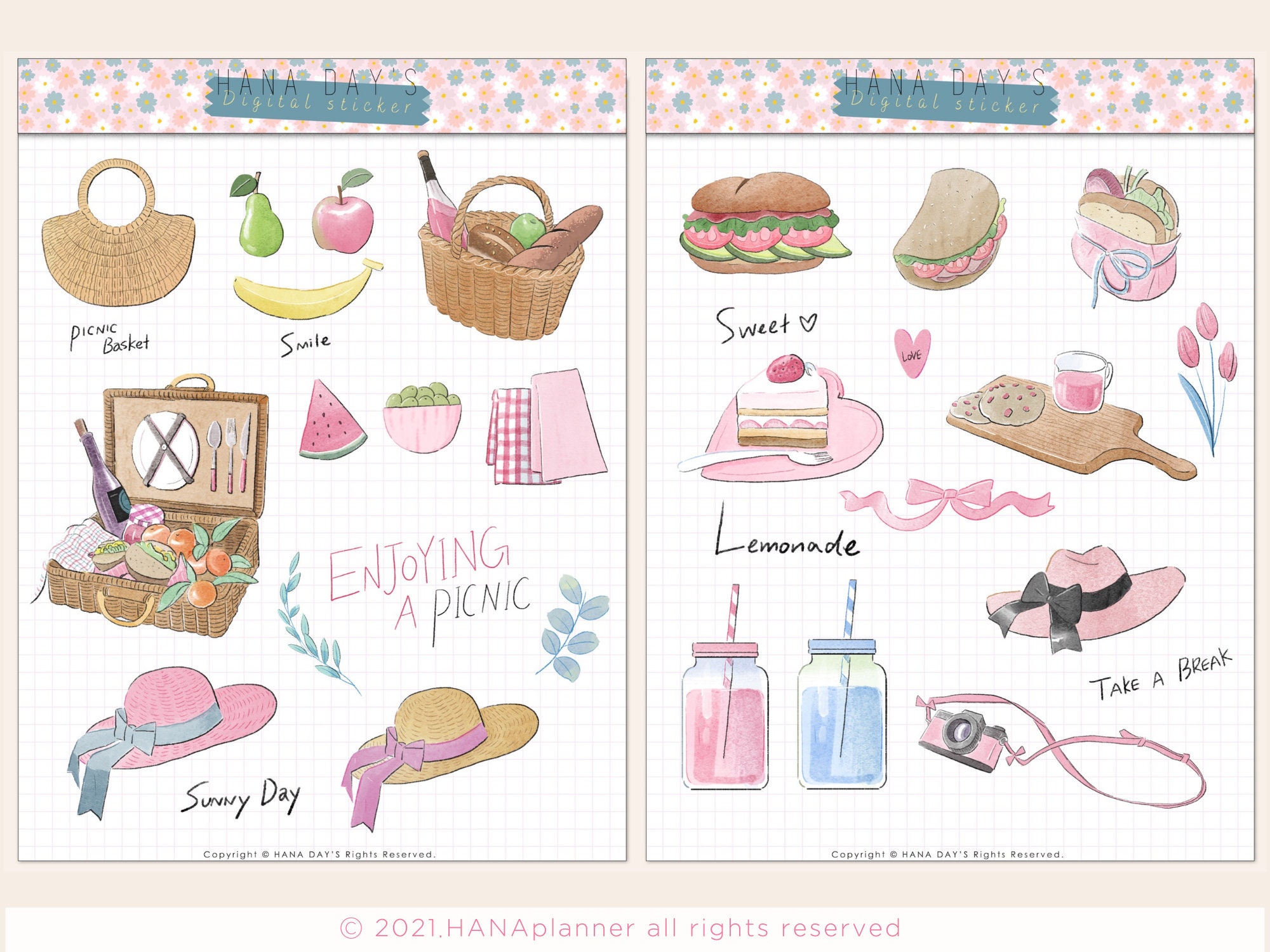 Romantic Picnic Stickers spring Picnic Sticker Sheet Digital Planner ...