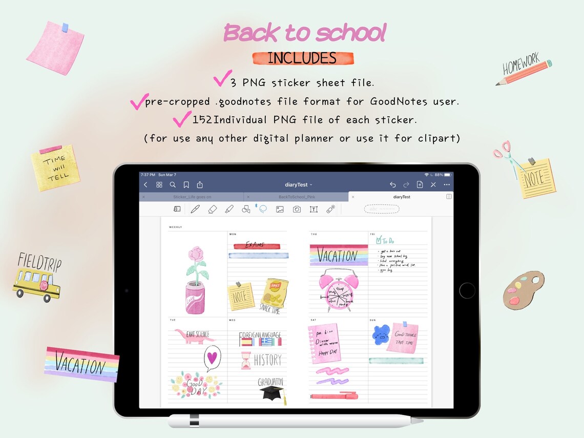 Back to School Pink Digital Sticker School Stickers College Stickers ...