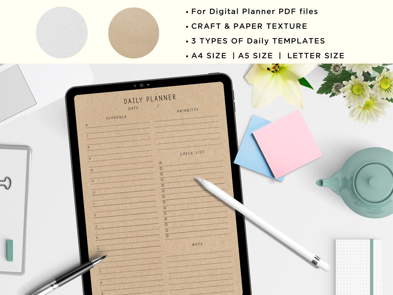 Digital Note Taking Daily Planner pack Craft paper texture | Etsy