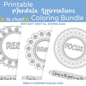 Printable Mandala Affirmations Coloring Pages Bundle, Adult Coloring ...