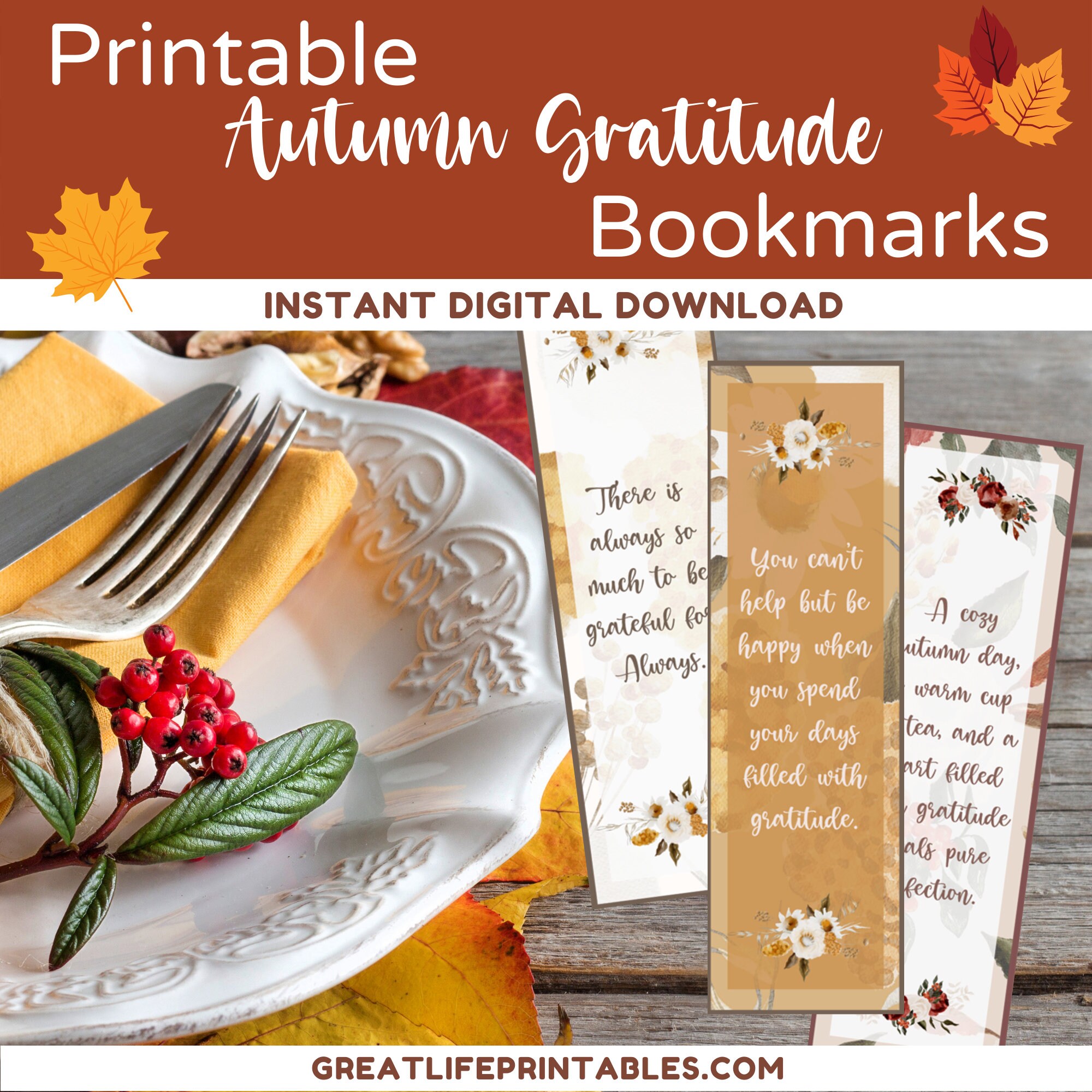 Printable Bookmarks, Autumn Bookmark, Bookmark Set, Thanksgiving ...