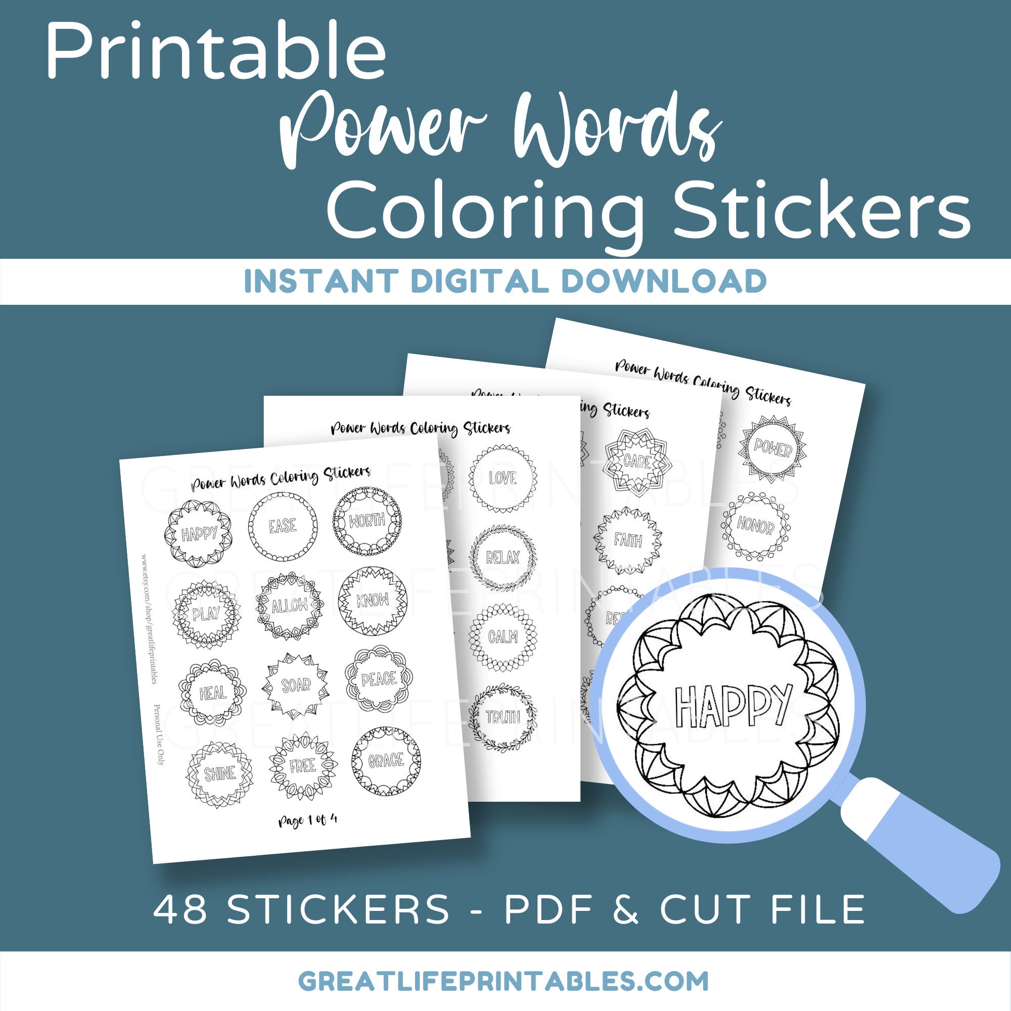Power Words Printable Affirmation Coloring Stickers Coloring - Etsy