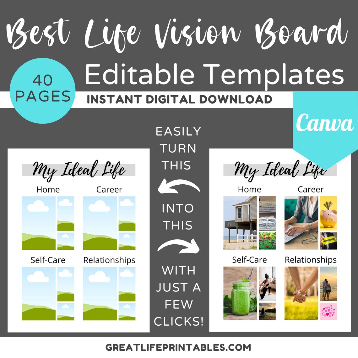 Best Life Vision Board, Vision Board Template, Canva Template, Manifest ...