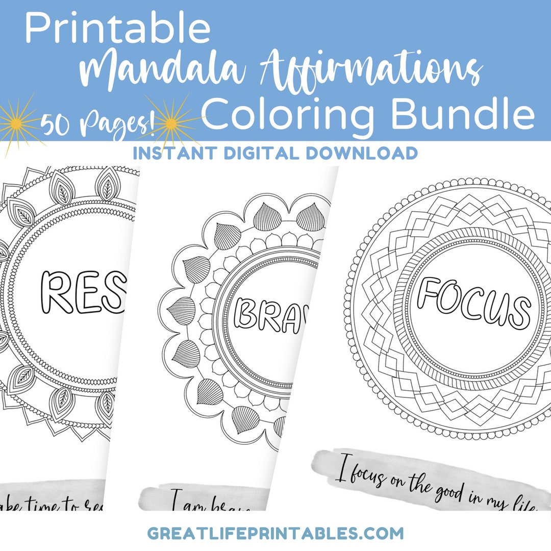 Printable Mandala Affirmations Coloring Pages Bundle, Adult Coloring ...