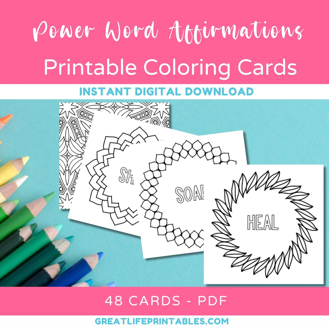 Printable Affirmation Coloring Card Deck, Power Words Affirmation ...