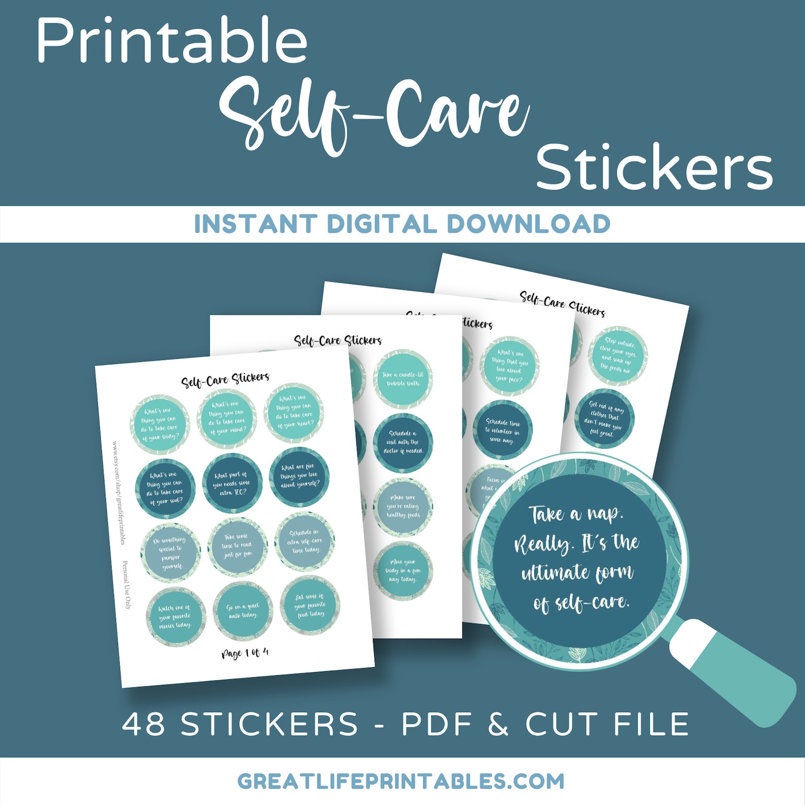 Printable Self-care Stickers, Digital Stickers for Planner ...