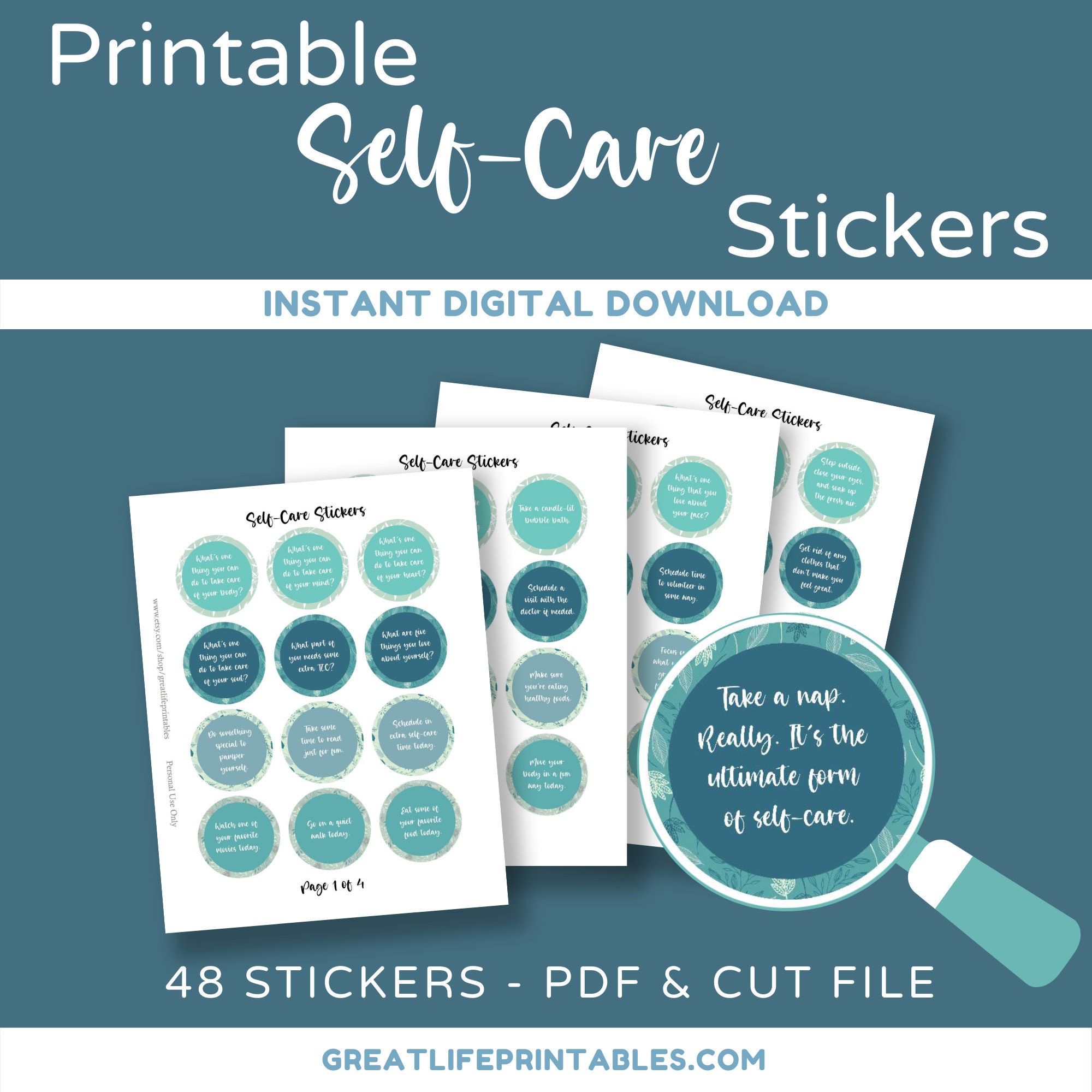 Printable Self-care Stickers, Digital Stickers for Planner ...