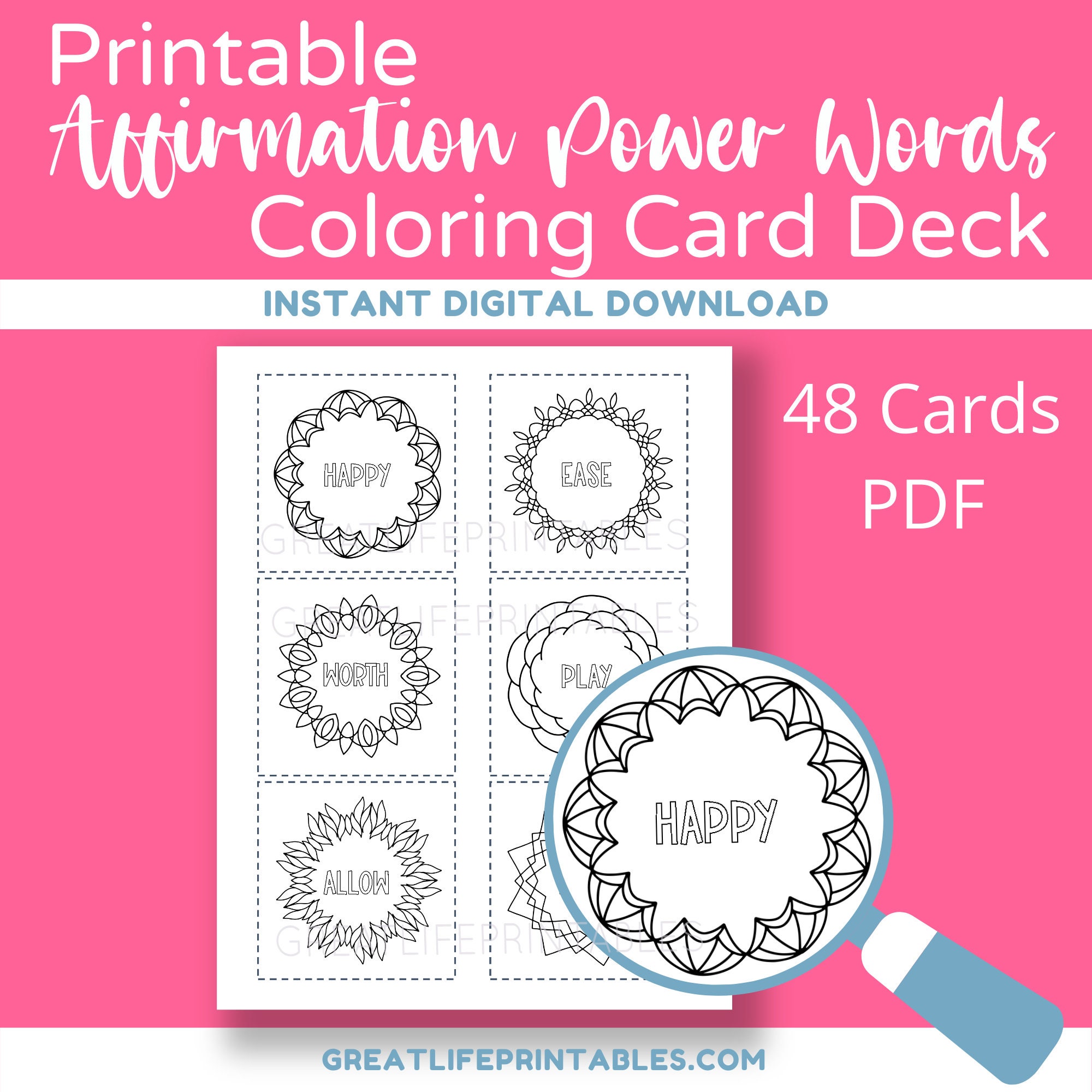 Printable Affirmation Coloring Card Deck, Power Words Affirmation ...