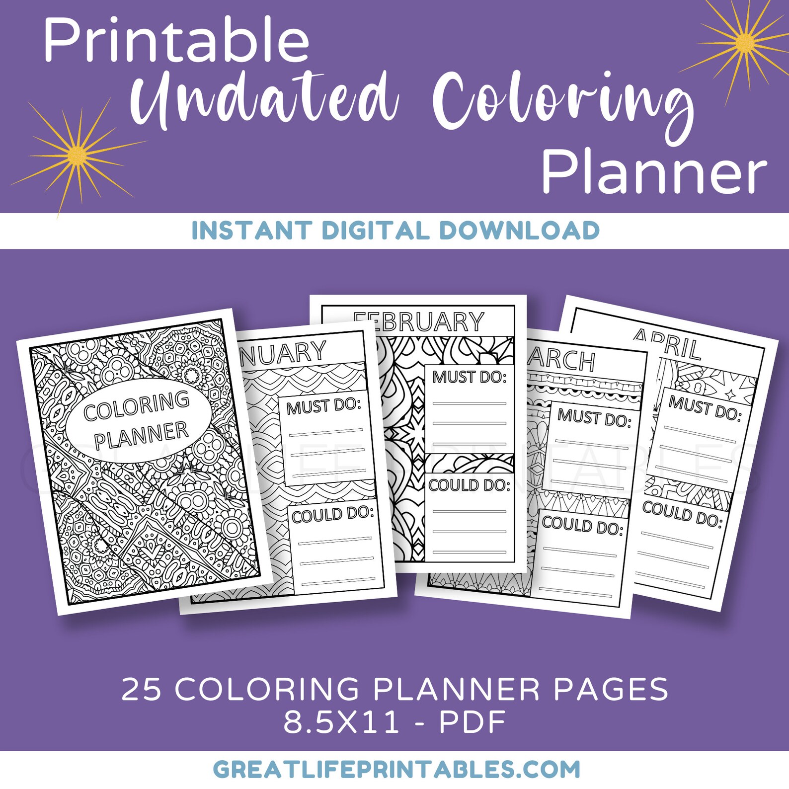 Coloring Planner, Printable Planner, Undated Planner, Monthly Planner ...