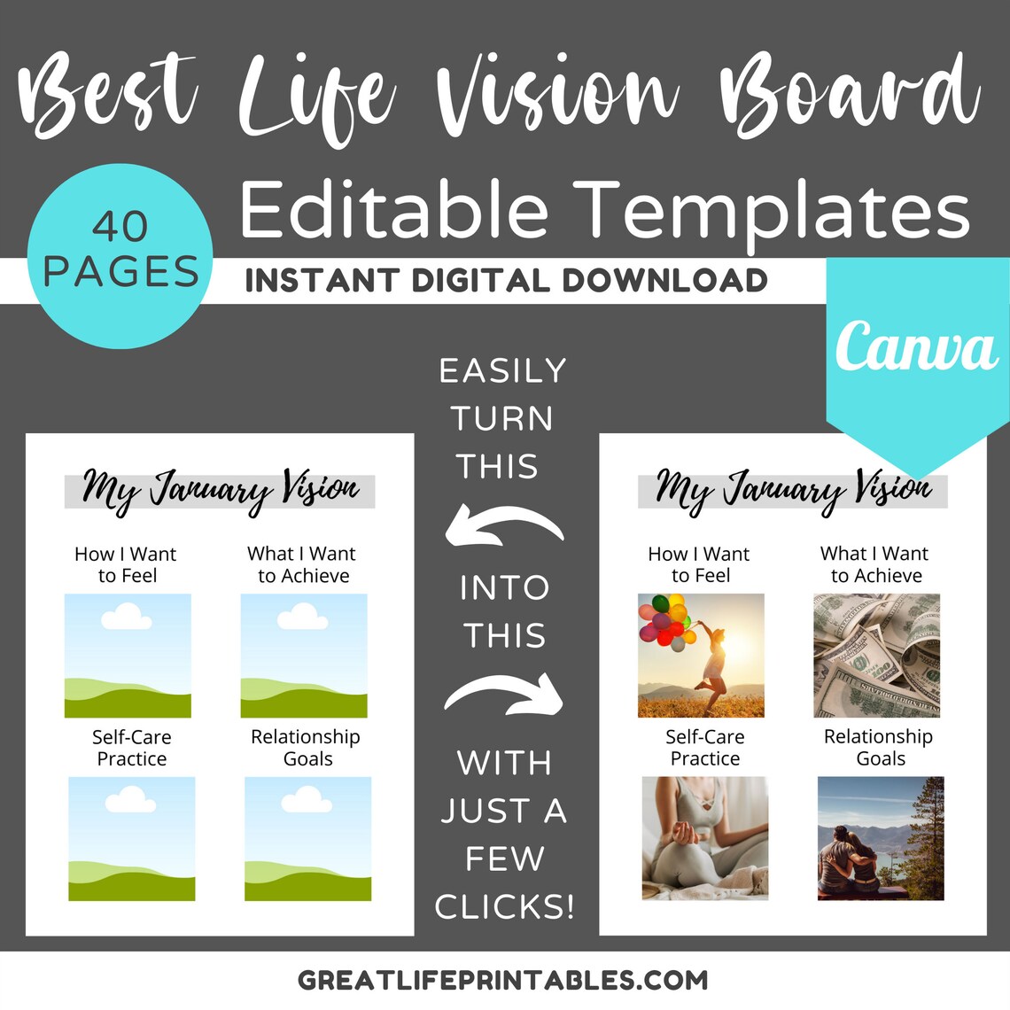Best Life Vision Board, Vision Board Template, Canva Template, Manifest ...