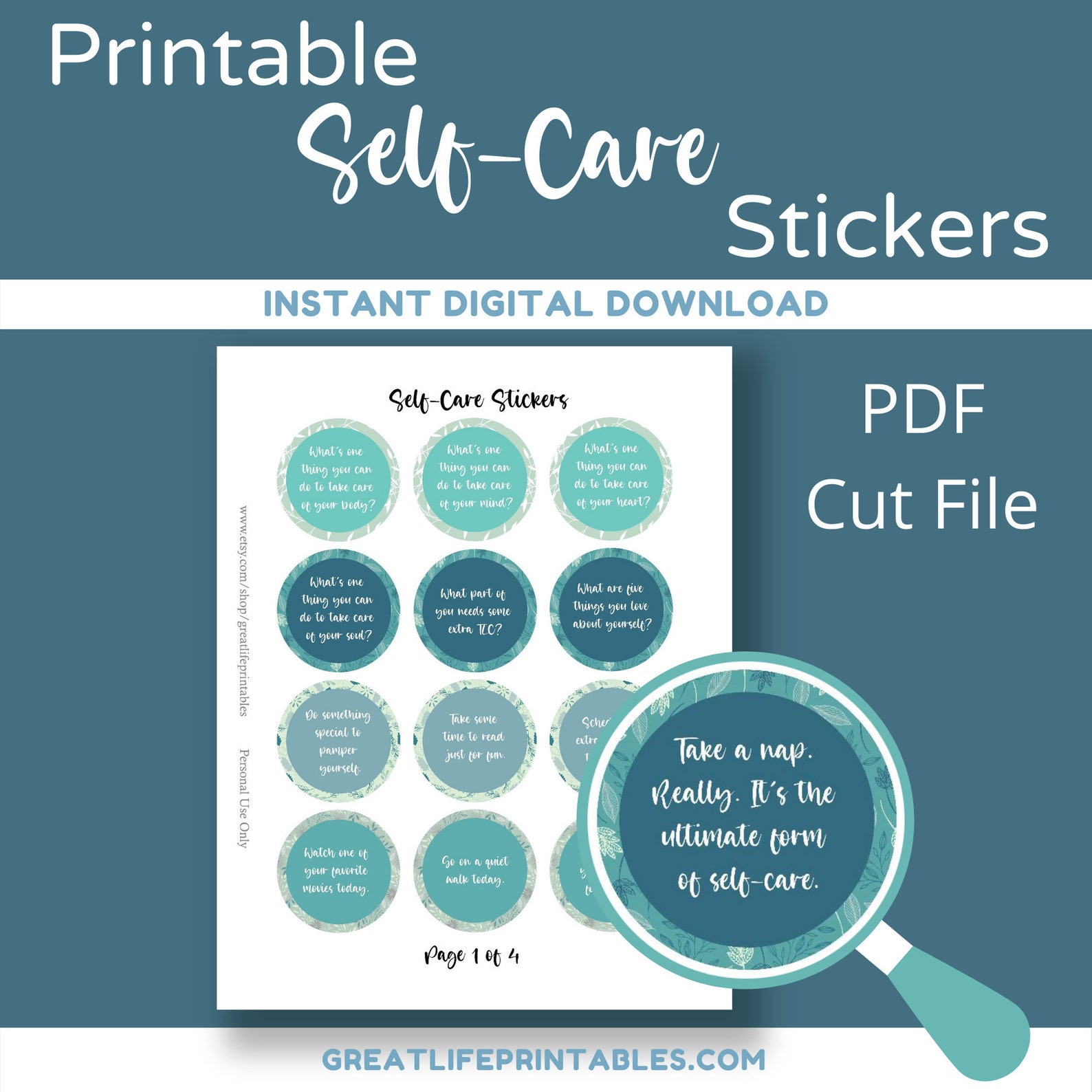 Printable Self-care Stickers, Digital Stickers for Planner ...