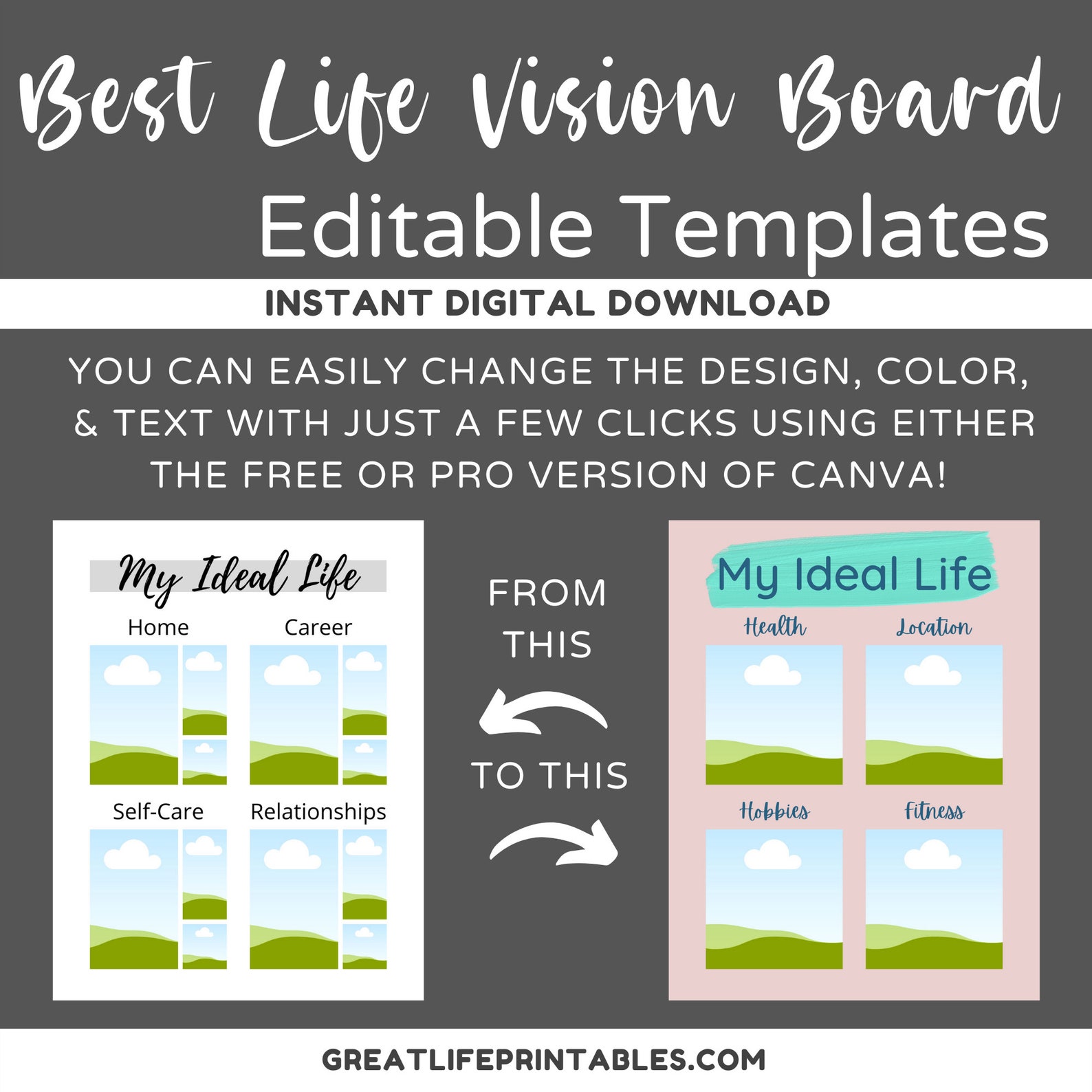 Best Life Vision Board, Vision Board Template, Canva Template, Manifest ...