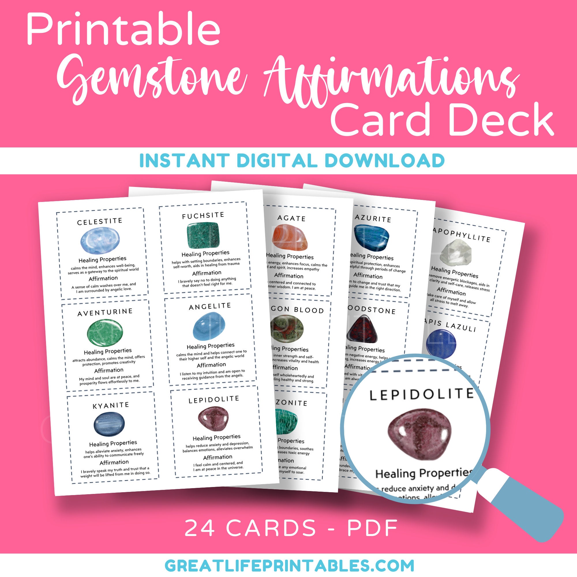 Printable Gemstone Cards, Printable Crystal Card Deck, Crystal ...