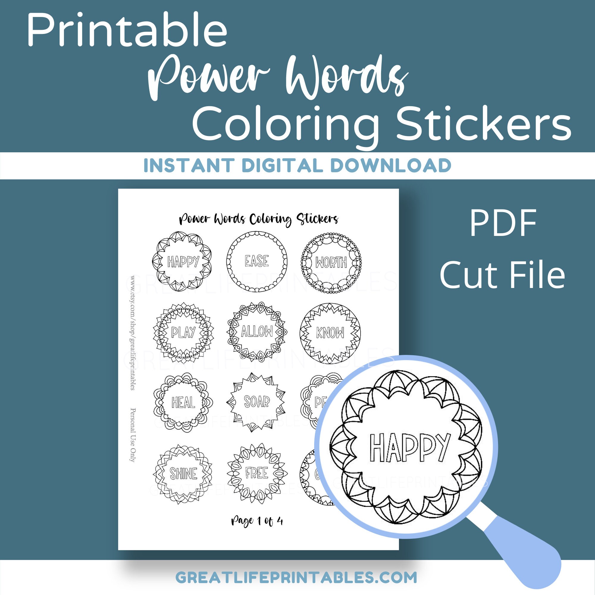 Power Words Printable Affirmation Coloring Stickers Coloring - Etsy