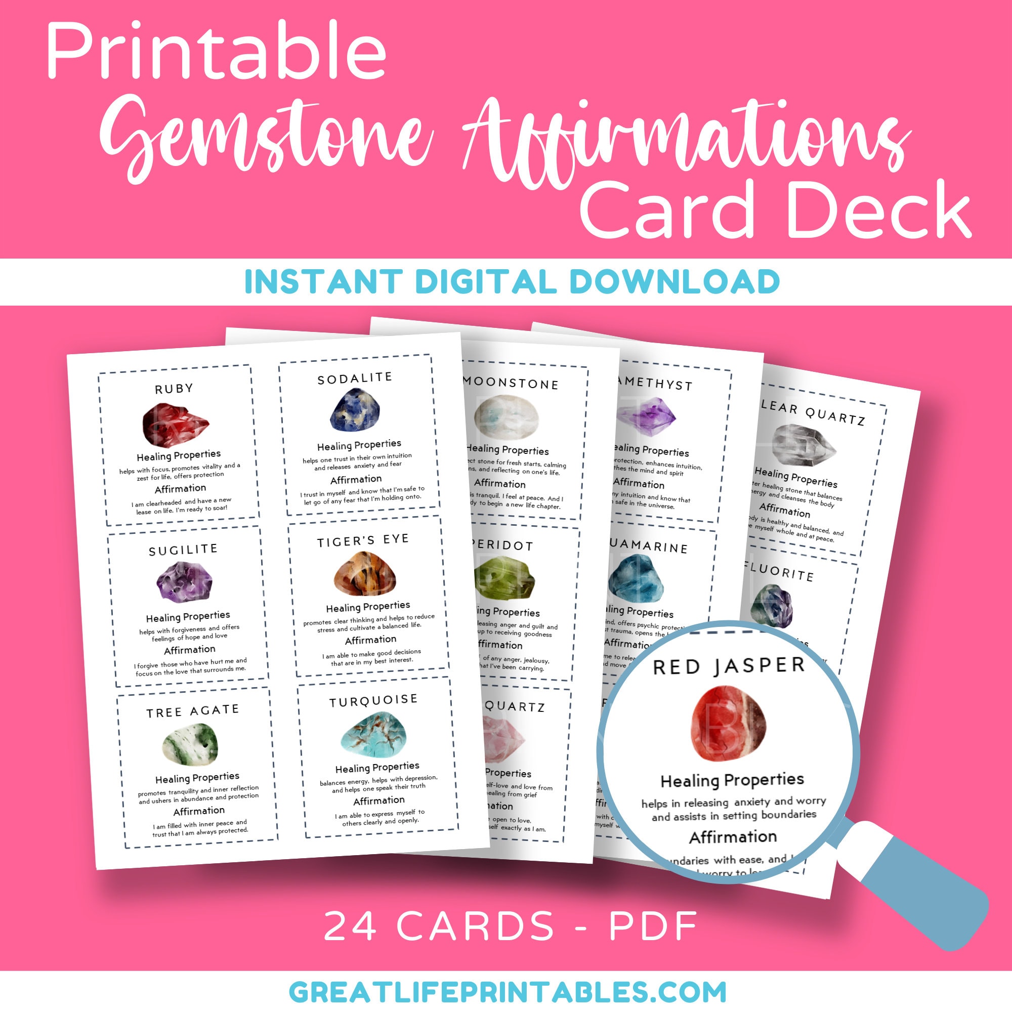 Printable Gemstone Cards, Printable Crystal Card Deck, Crystal ...
