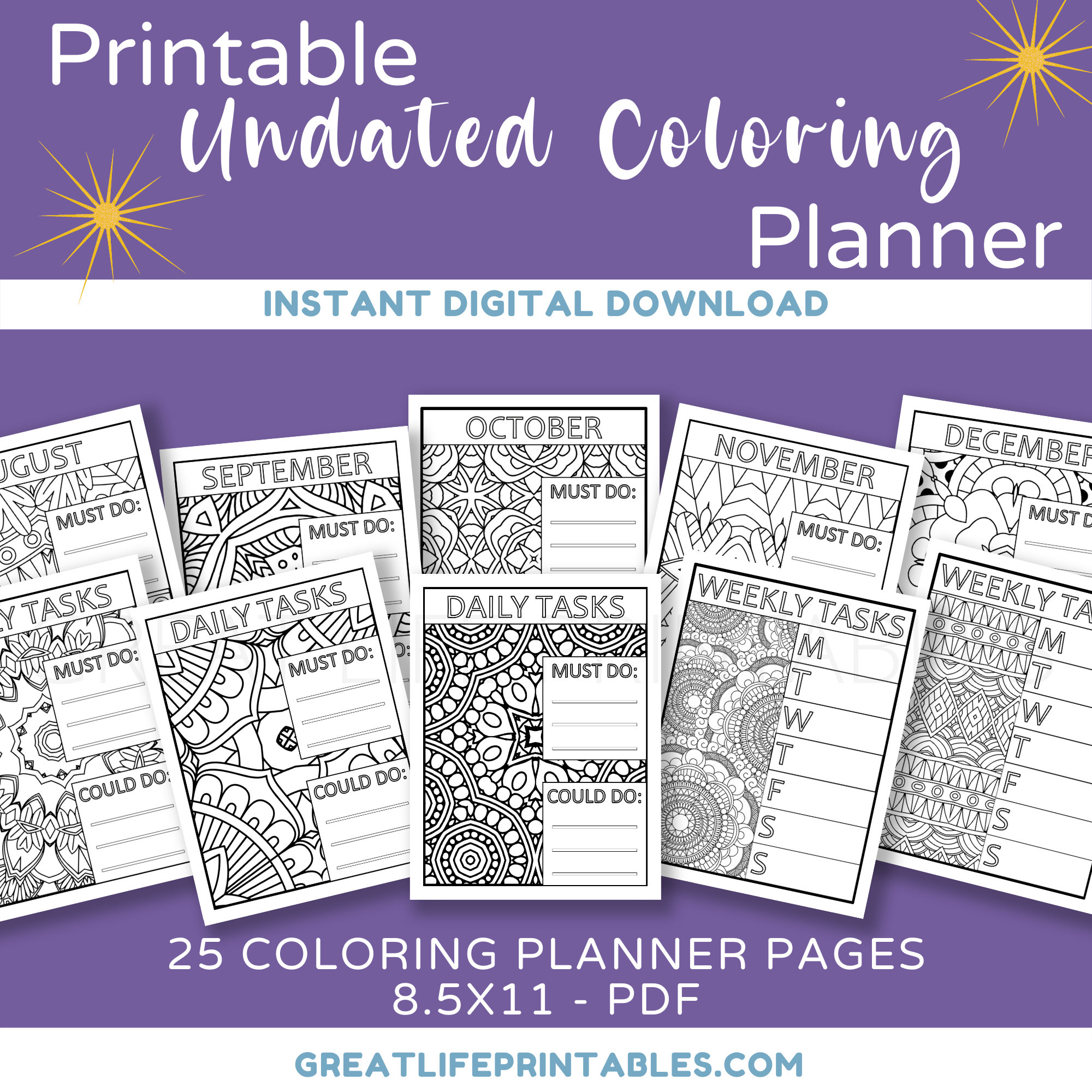 Coloring Planner, Printable Planner, Undated Planner, Monthly Planner ...