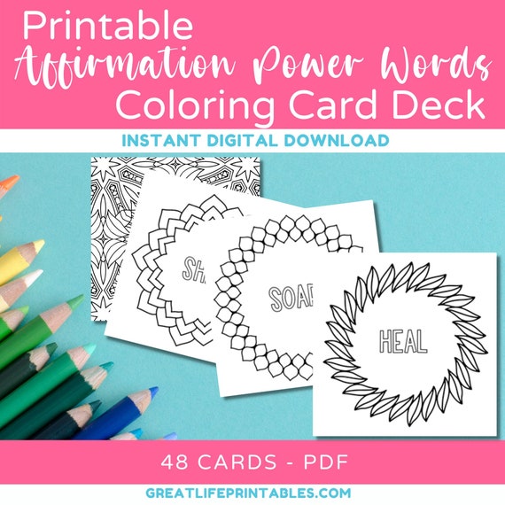 Printable Affirmation Coloring Card Deck Power Words | Etsy