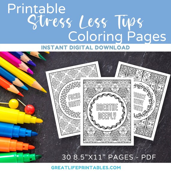 Stress Less Tips Printable Coloring Pages Relaxing Coloring | Etsy