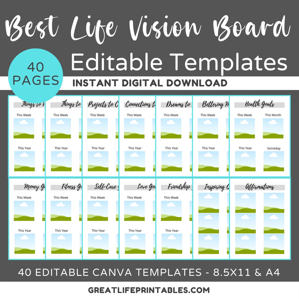 Best Life Vision Board, Vision Board Template, Canva Template, Manifest ...