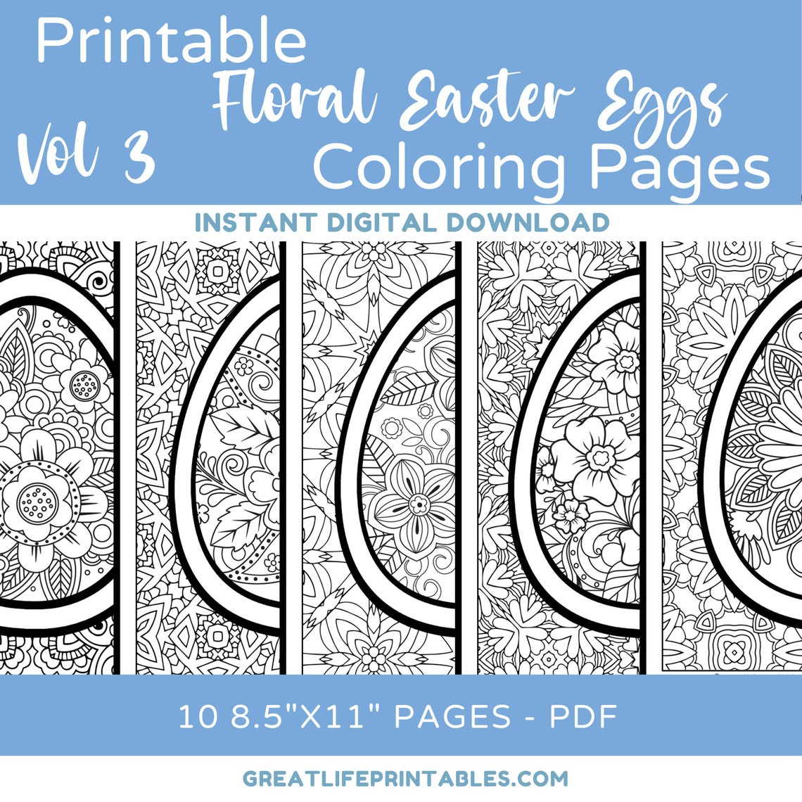Printable Easter Egg Floral Coloring Pages Vol 3, Easter Printable ...