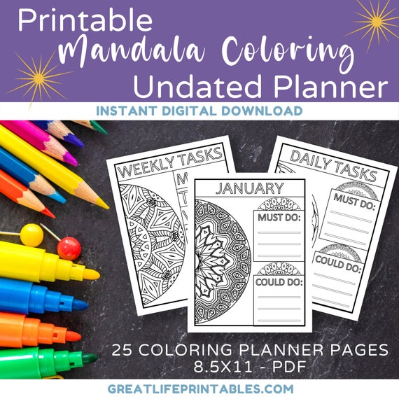 Coloring Planner Printable Planner Mandala Coloring Undated | Etsy