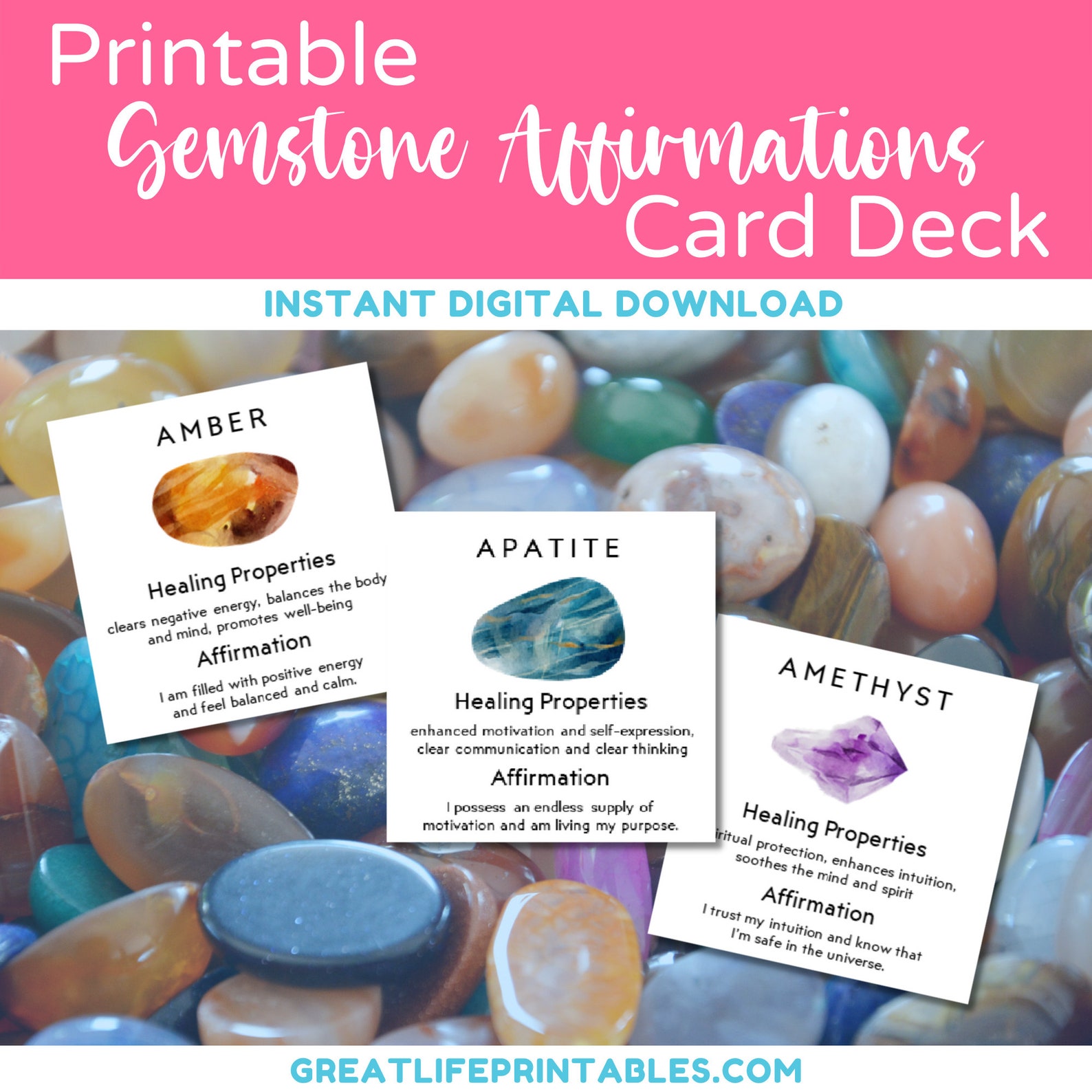 Printable Gemstone Cards, Printable Crystal Card Deck, Crystal ...