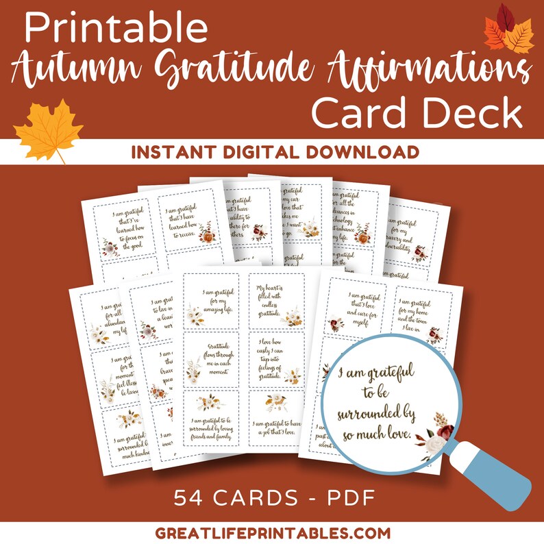 Printable Gratitude Card Deck, Gratitude Affirmations, Autumn ...