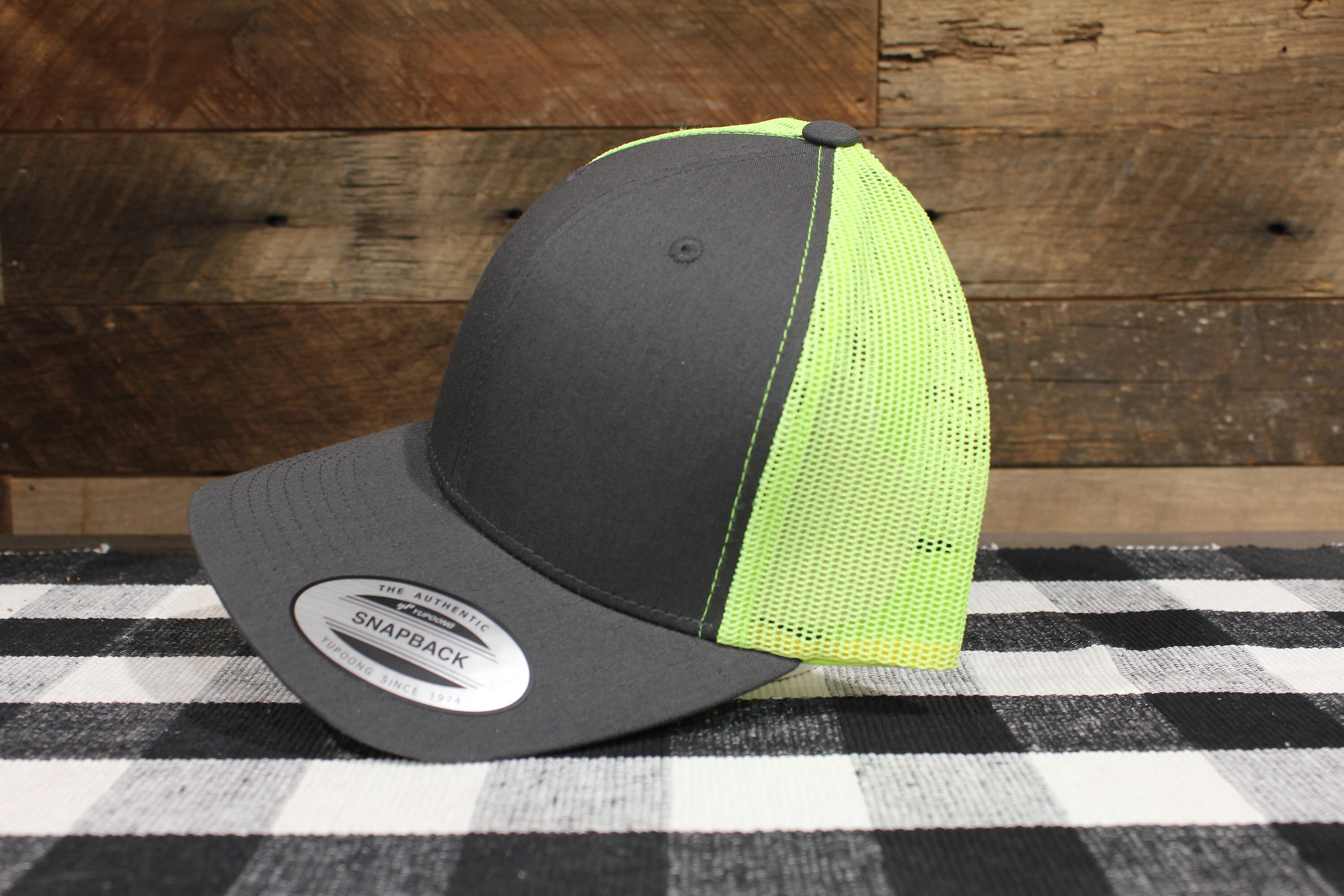 Custom Logo Charcoal / Neon Green Back Classic Trucker Hat Fathers Day ...