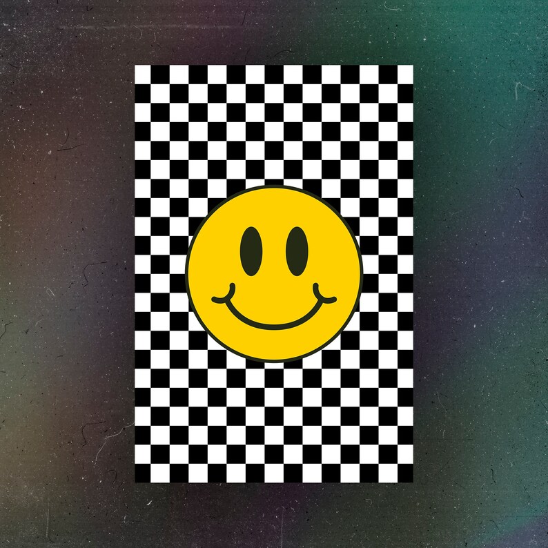 Retro Smiley Face Poster on Checkerboard Pattern Good Vibes - Etsy