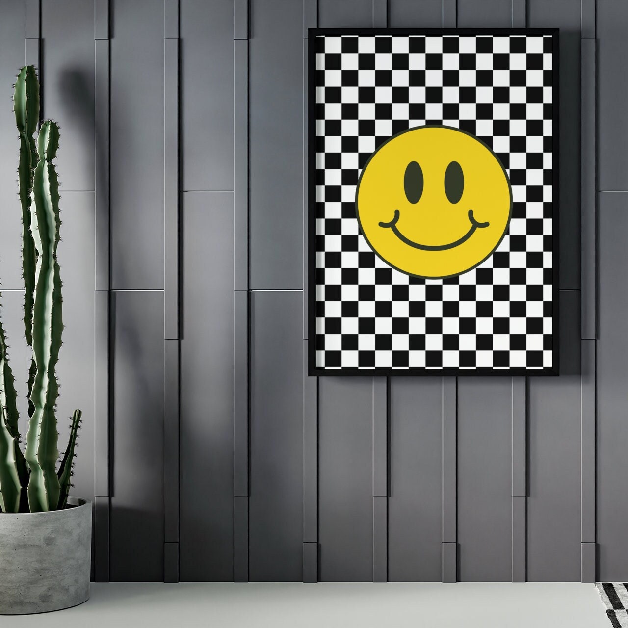 Retro Smiley Face Poster on Checkerboard Pattern Good Vibes - Etsy
