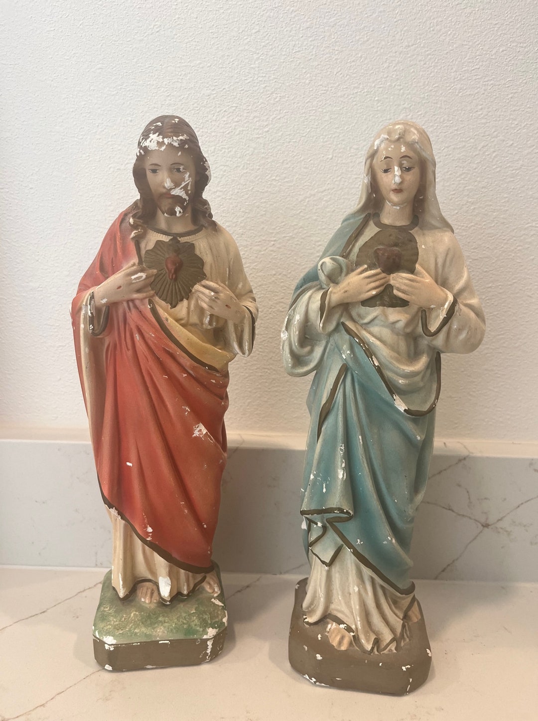 Vintage Chalk Ware, Pair of 12" Statues of the Sacred Heart and ...