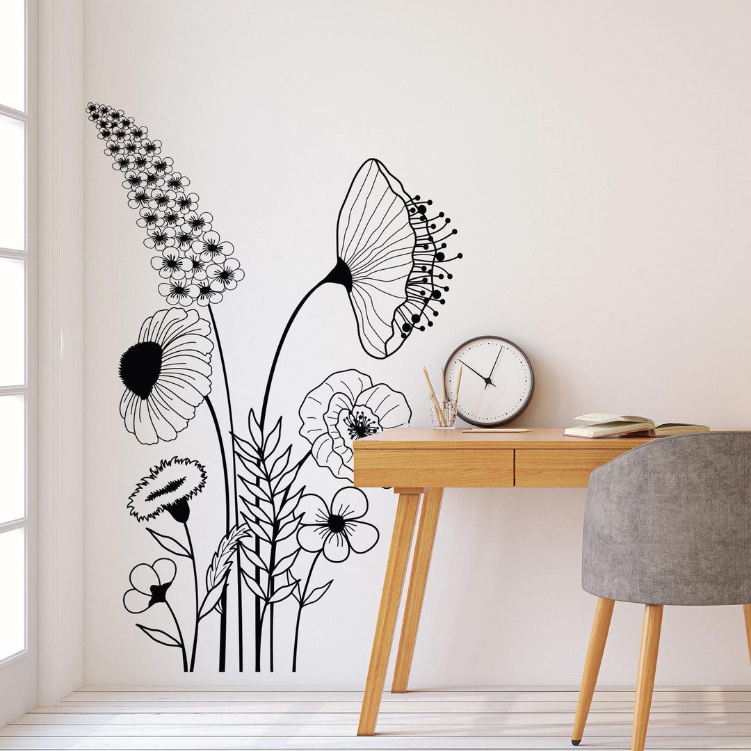 Wildflowers Wall Art Vinyl Decal, Doodled Garden Sticker, Botanical ...
