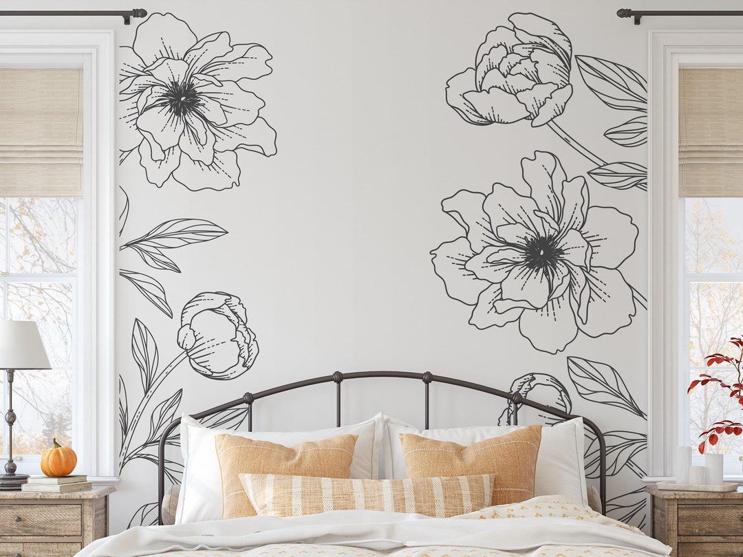 Set of 2 Peony Wall Decals, Line Art Peony Wall Decor, Peony Wall ...