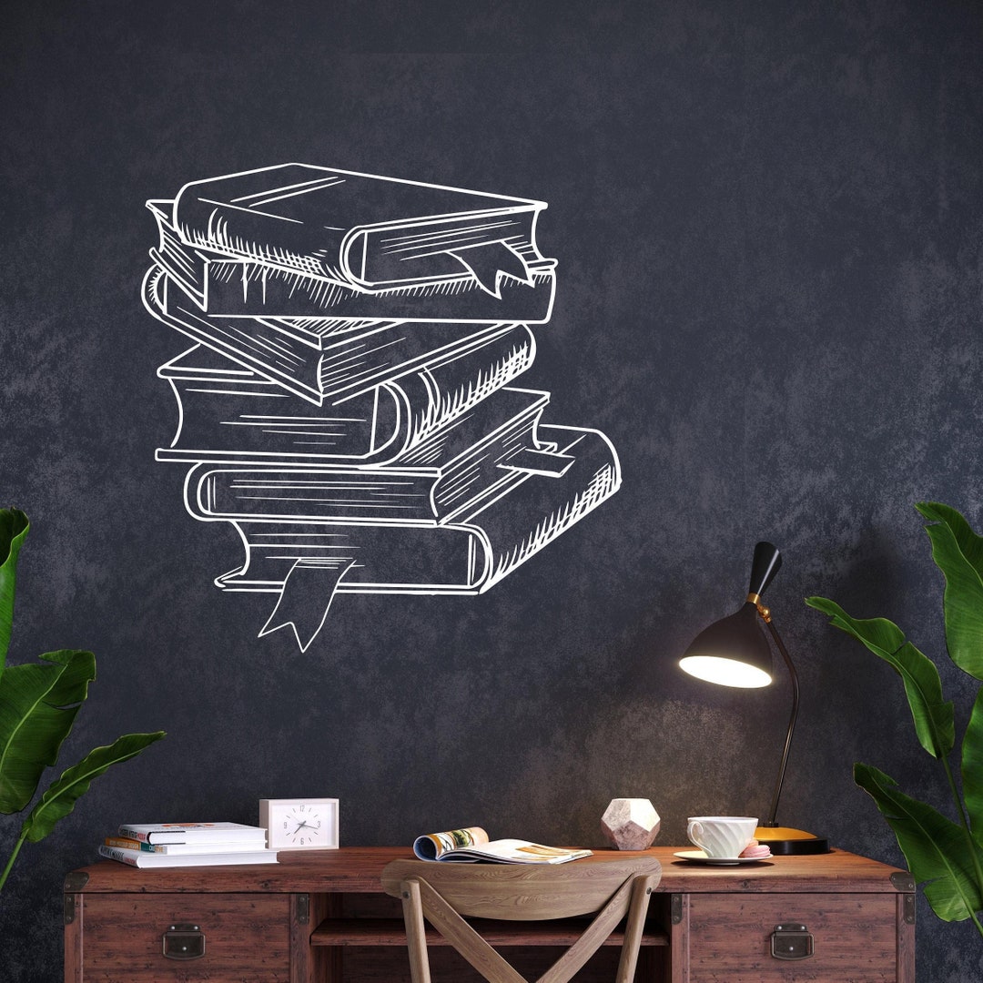 Stacked Books Wall Decal for Reading Nook, Minimalist Bookworm Decor ...