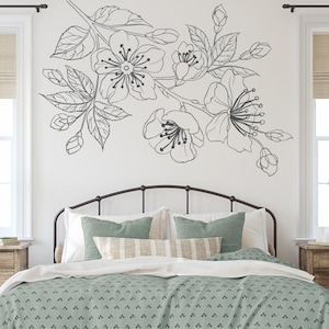 Floral Corner Wall Decal: Flower Branch Vinyl Sticker, Botanical Art ...