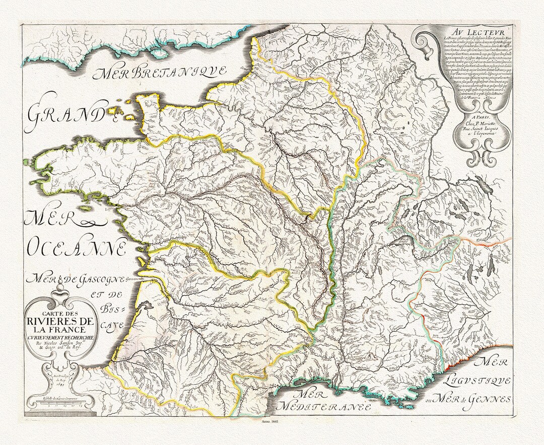 Sanson, Rivieres de la France, 1641 ,une carte sur toile de coton épais ...