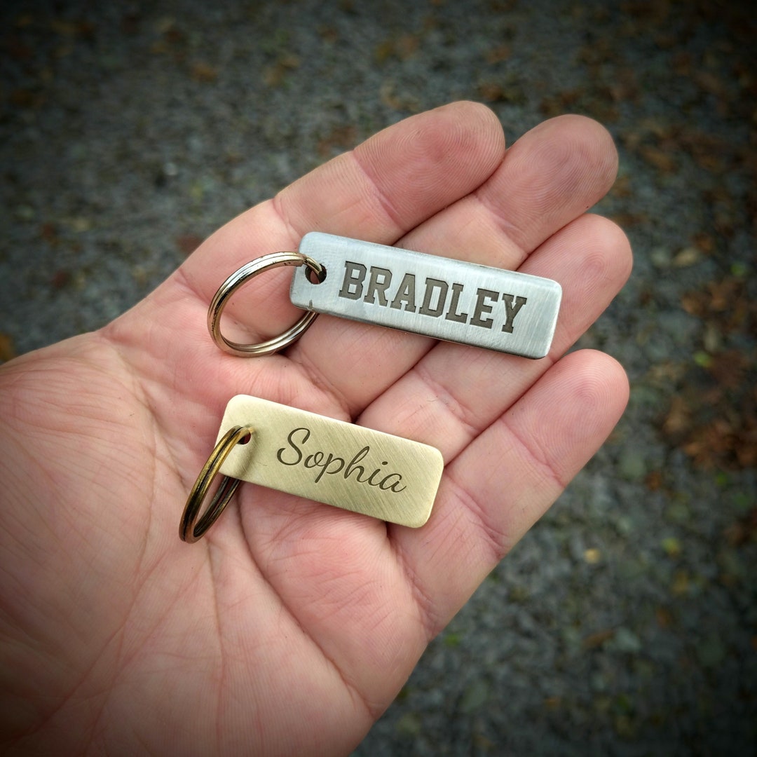 Bespoke Metal Name Tag - Hand Made Key Ring - Engraved Name | School ...