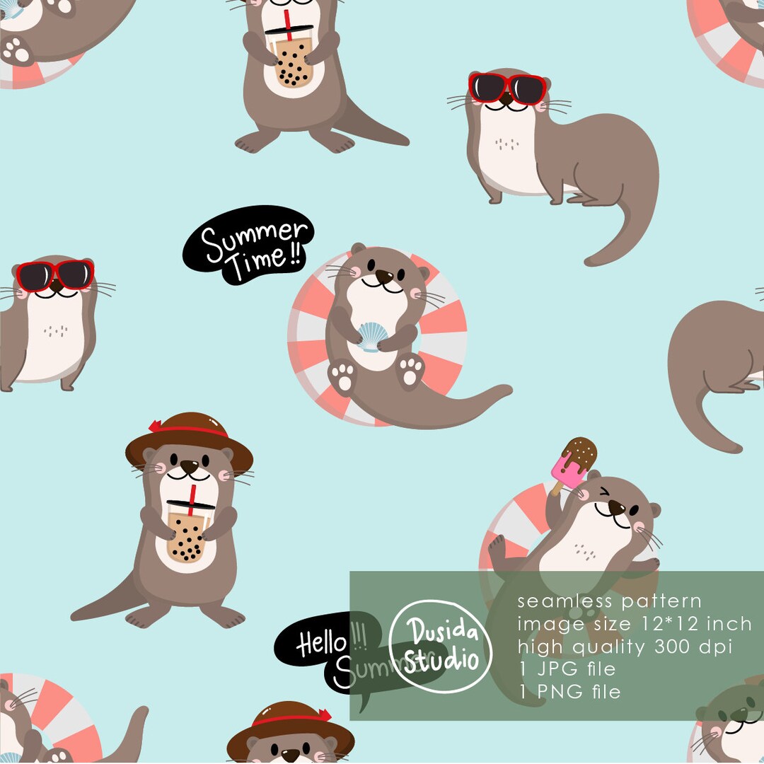 Cute Otter in Summer Holidays Seamless Pattern. Animal Cartoon ...