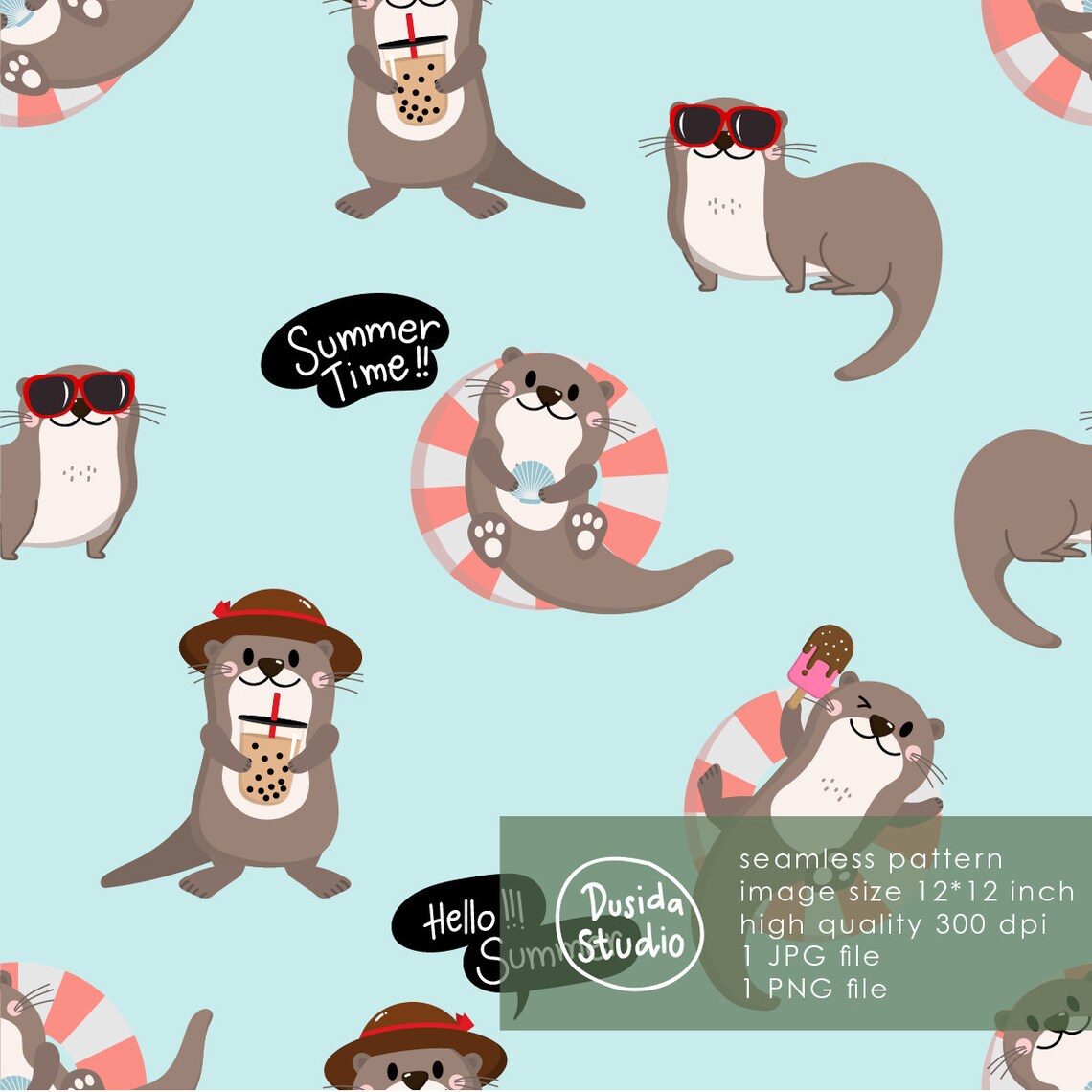 Cute Otter in Summer Holidays Seamless Pattern. Animal Cartoon ...