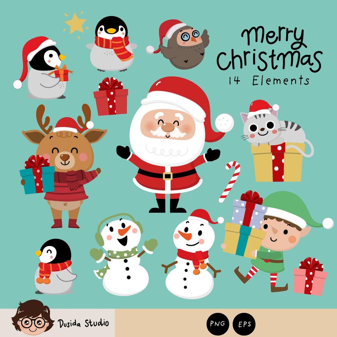 Cute Santa Claus, Deer, Elf, Snowman, Penguin and Owl in Christmas ...