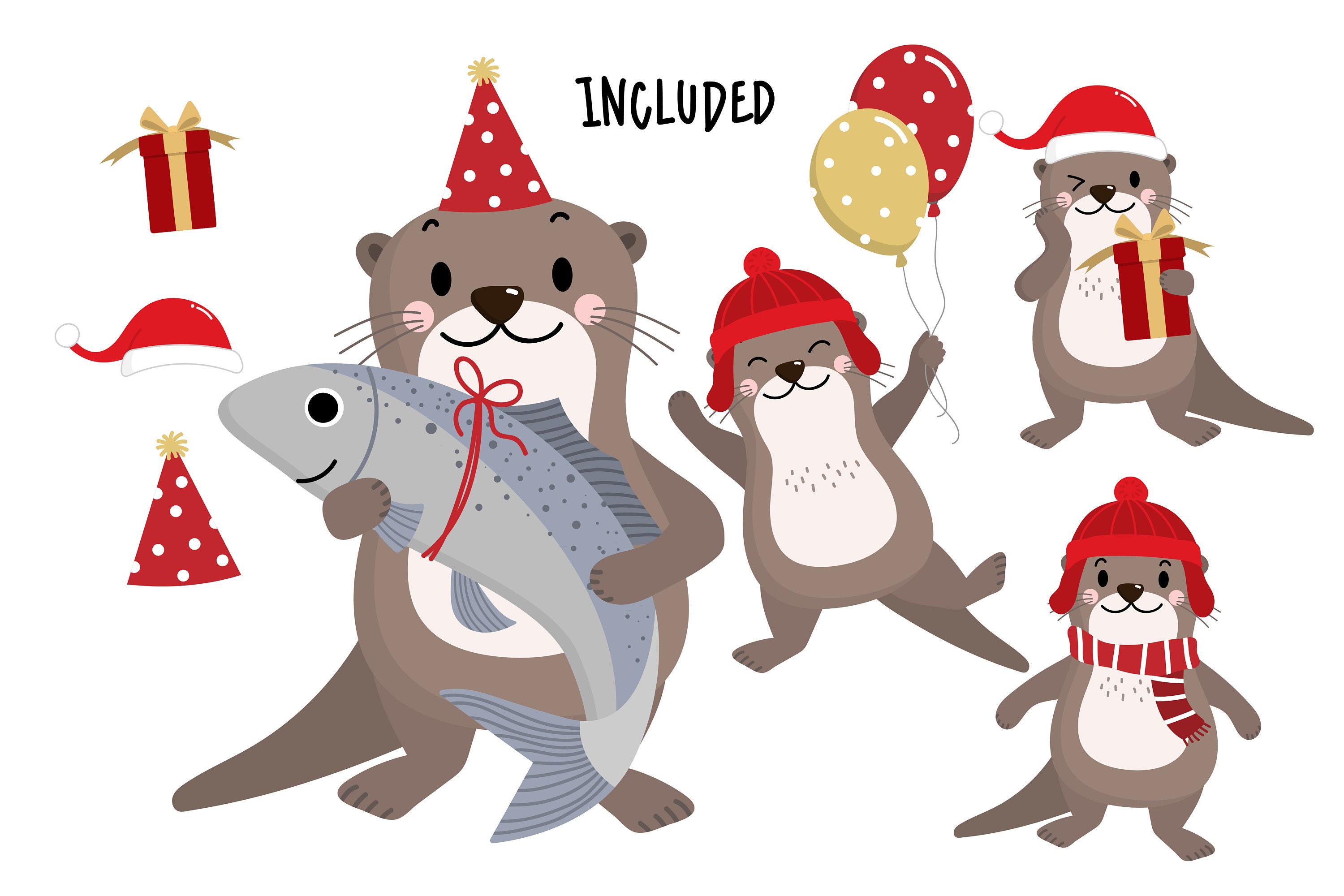 Cute Otters With Gift in Christmas Holidays Costume. Animal Clipart in ...