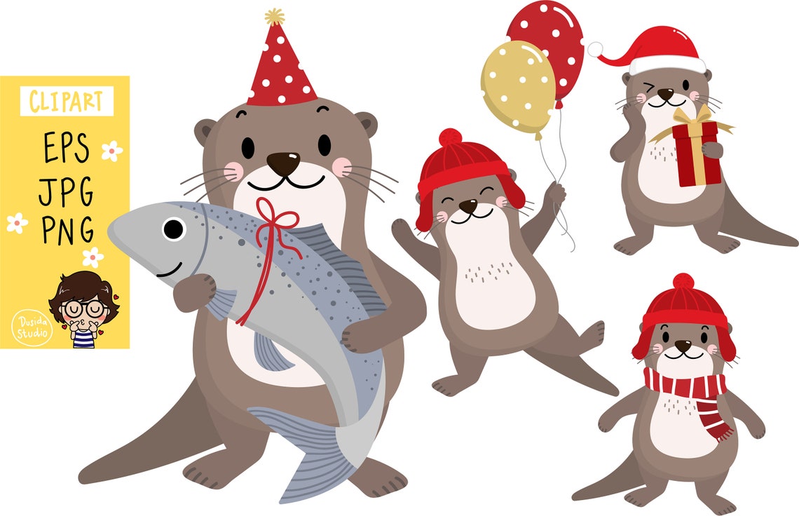 Cute Otters With Gift in Christmas Holidays Costume. Animal Clipart in ...
