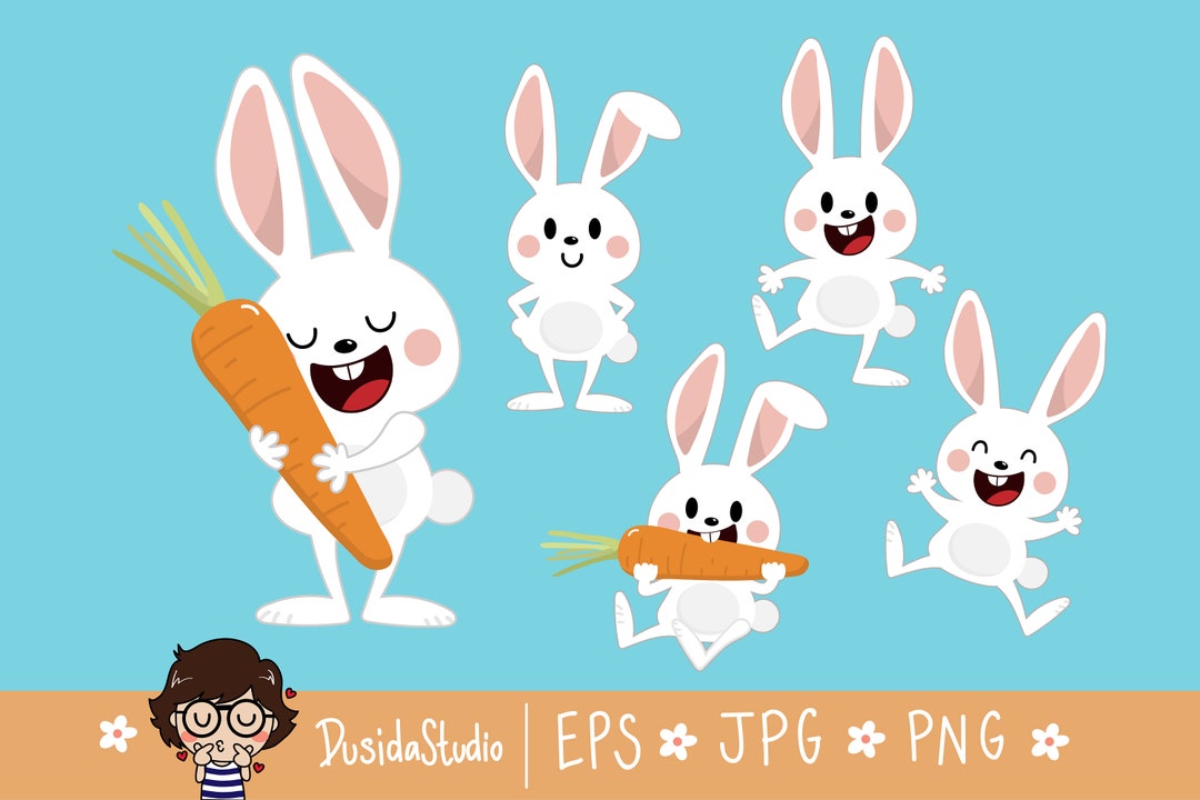 Cute Rabbit and Carrot 5 Clipart. Bunny Cartoon in JPEG, PNG and EPS ...