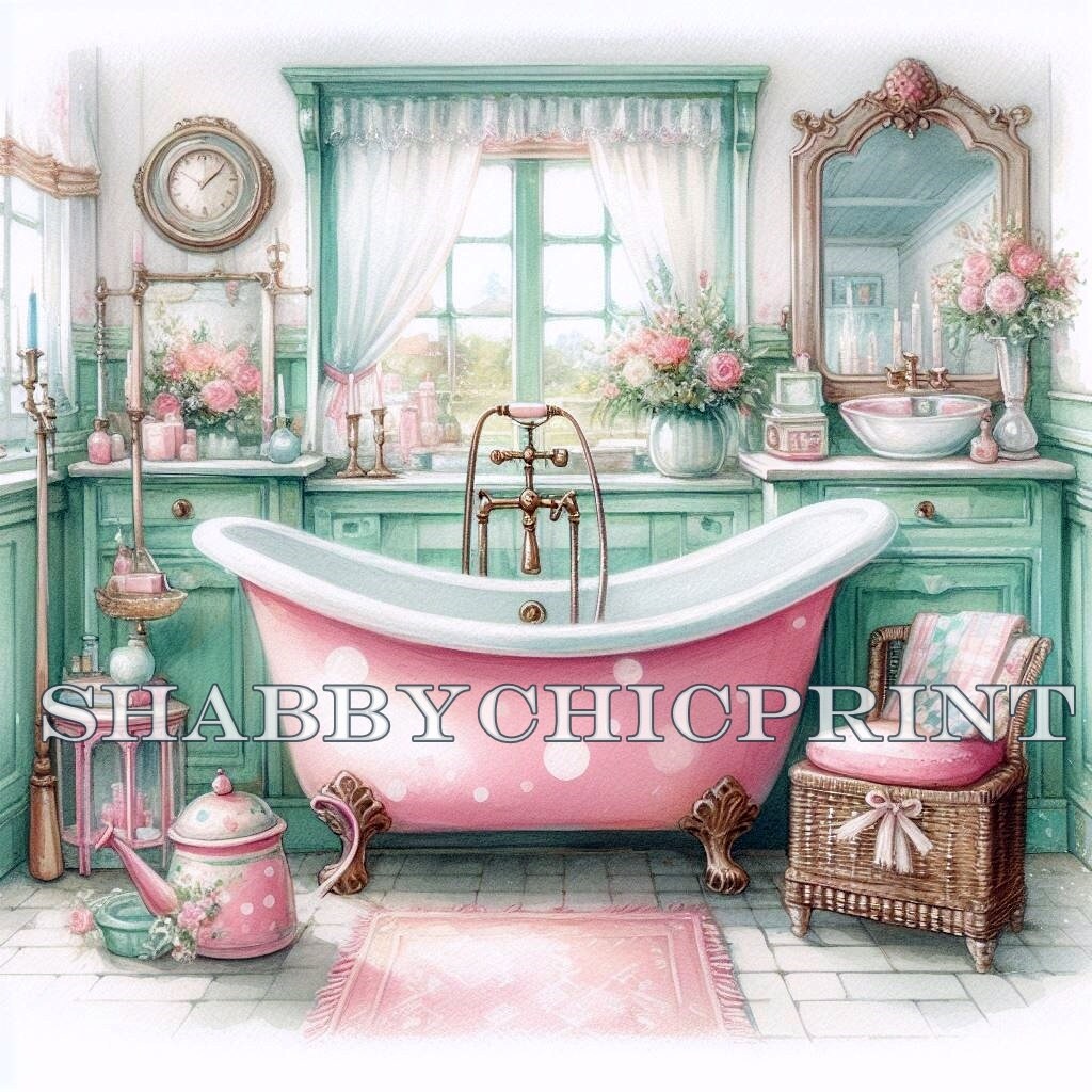 Shabby Chic Watercolor, Pink, Green, Retro Bathroom, Vintage Clipart ...