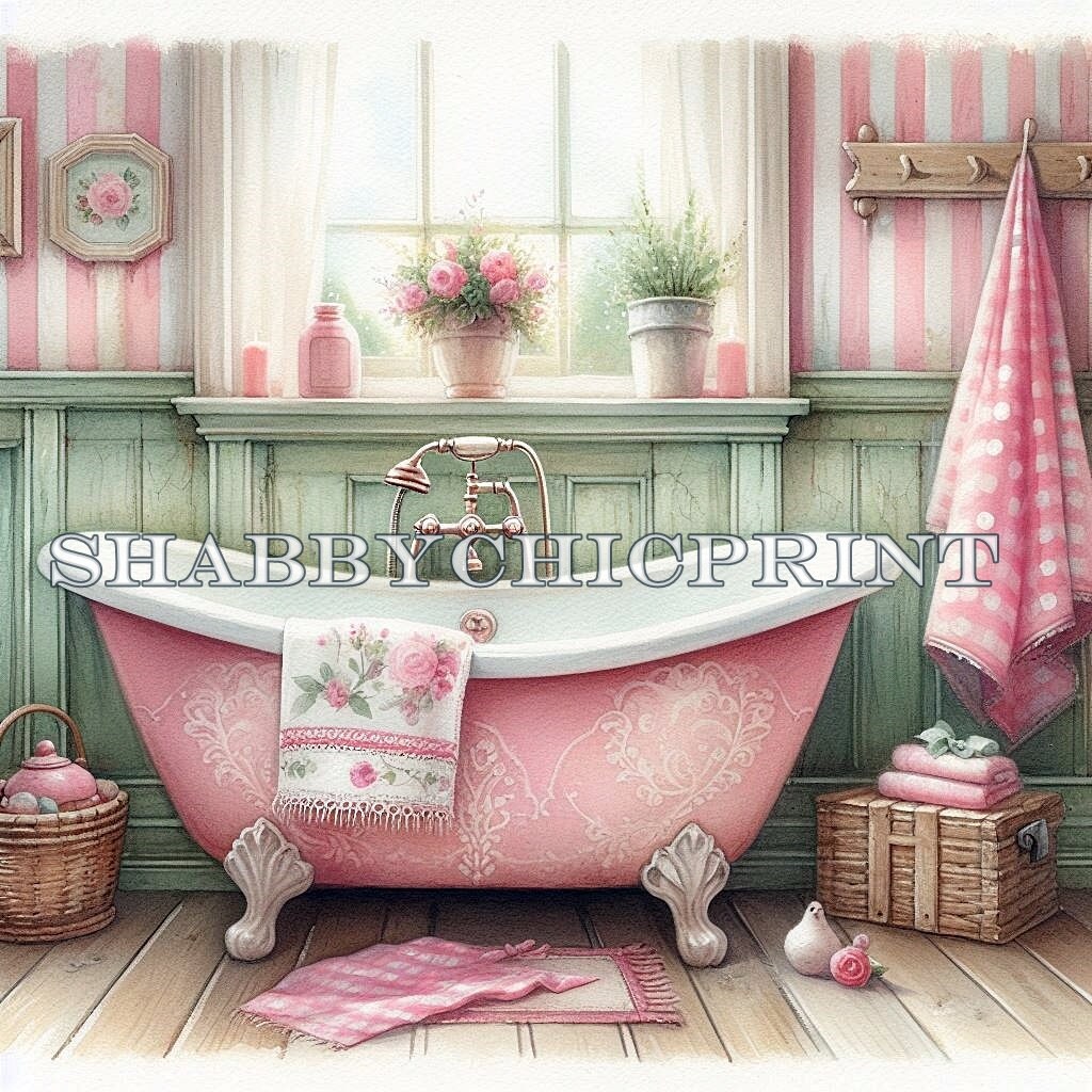 Shabby Chic Watercolor, Pink, Green, Retro Bathroom, Vintage Clipart ...