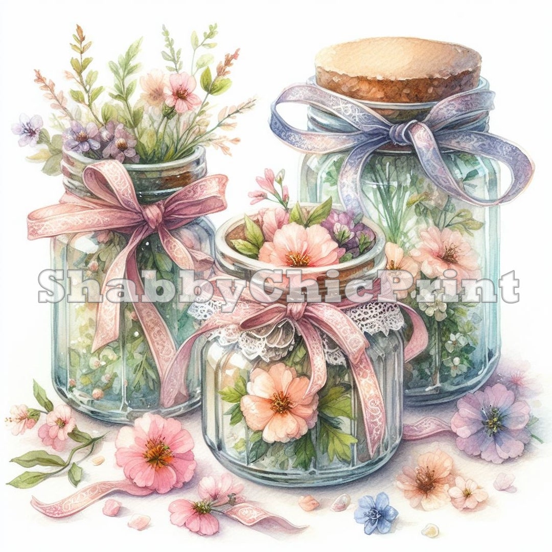 Shabby Chic Glass Jars, Printable Watercolor, Vintage Images, Aged Jars ...