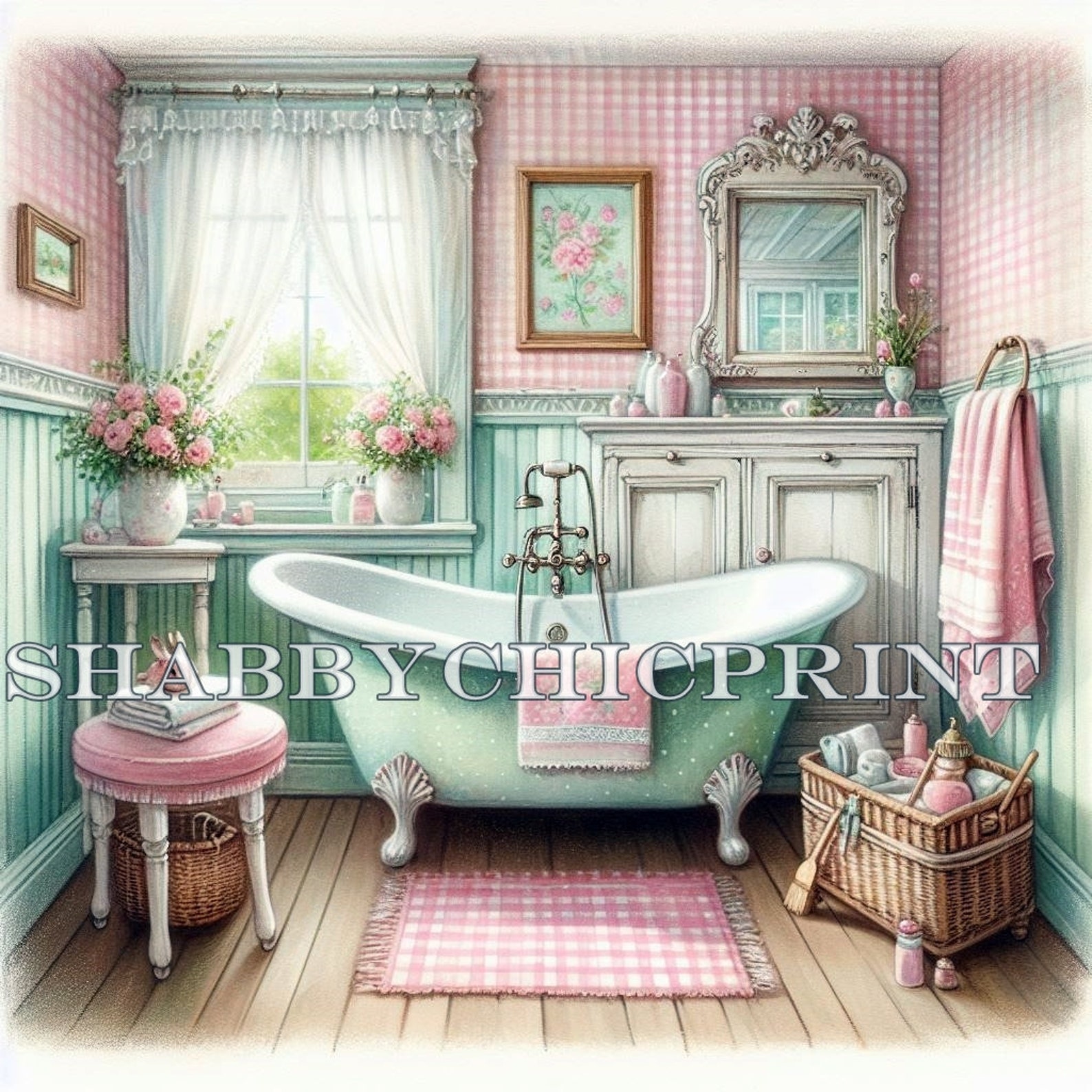 Shabby Chic Watercolor, Pink, Green, Retro Bathroom, Vintage Clipart ...